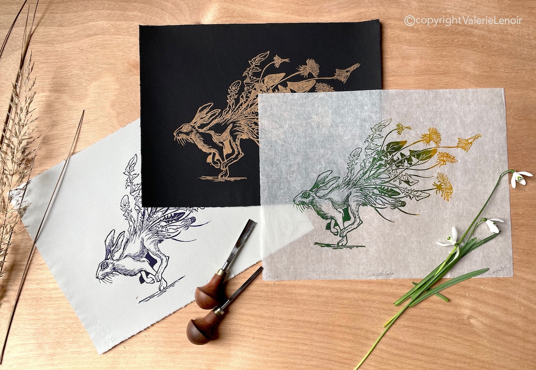 Linocut rabbit/hare/dandelion/dandelion Original Handmade Print - Etsy