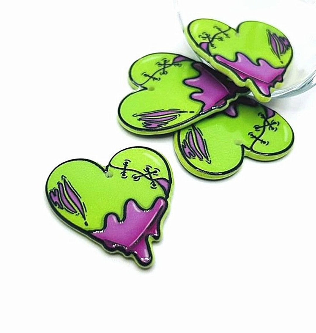 1, 4 or 20 BULK Green Zombie Heart Charm, Halloween Pendant, Acrylic ...