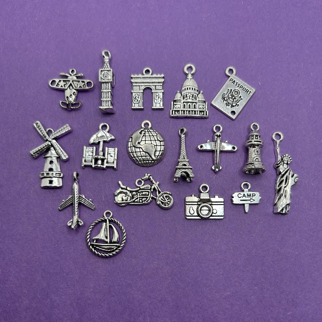 17 Pieces Silver Mixed Travel Charms, Travel Mix, Adventure, Vacation ...