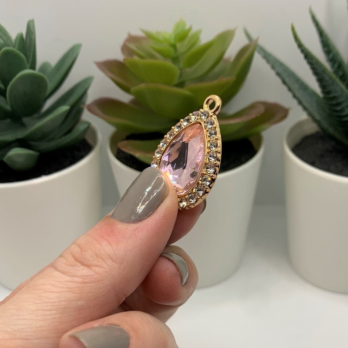 2 Light Pink Diamond and Gold Teardrop Charms Large - Etsy