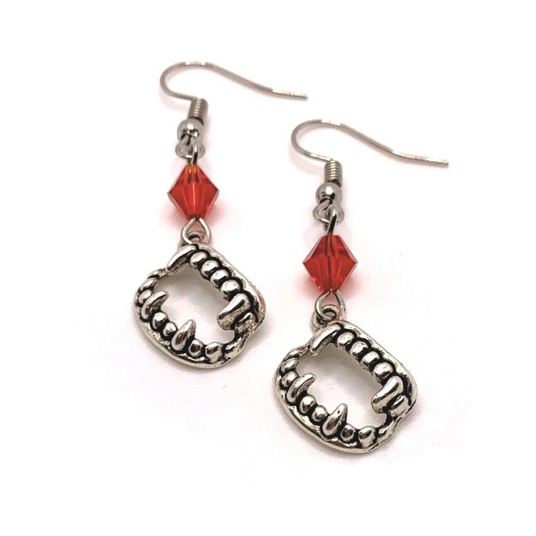 Vampire Teeth Earrings, Blood Red Bead, Halloween Gothic Earrings, Fun ...