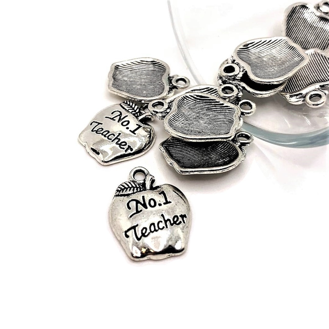 4, 20 or 50 BULK Silver #1 Teacher Charms, Teacher Appreciation, Apple ...