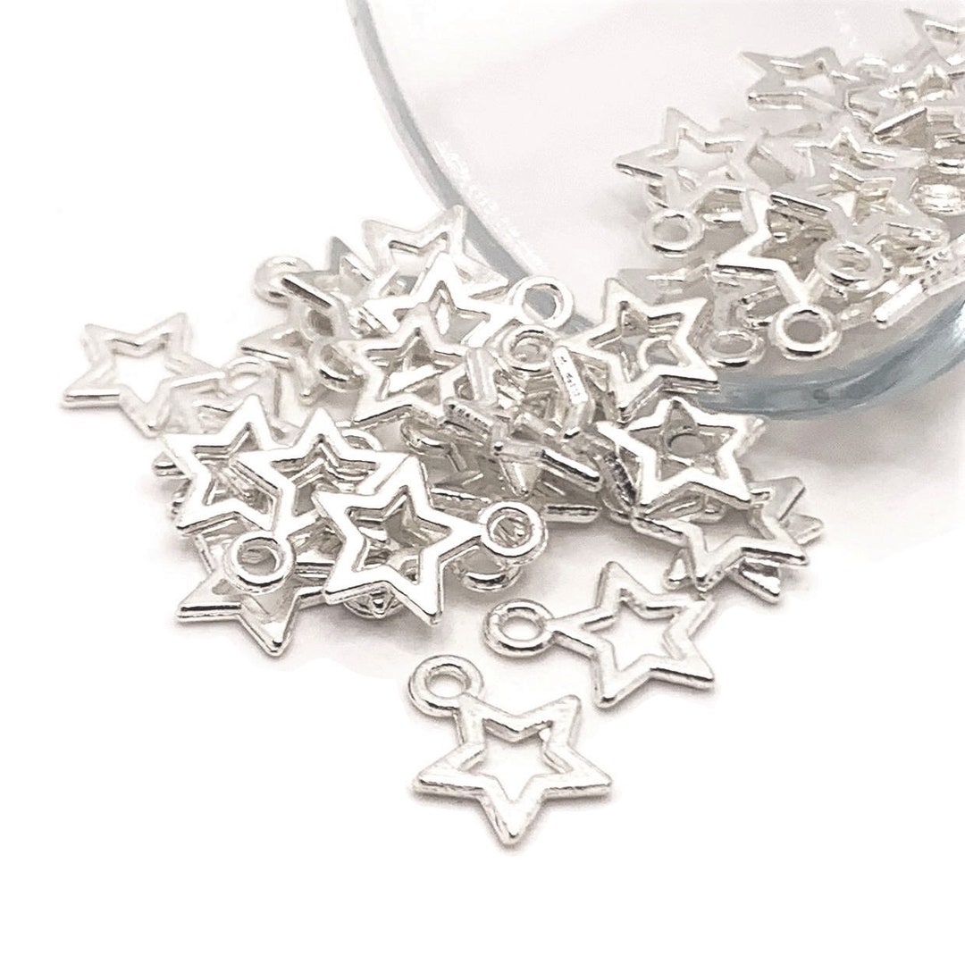 4, 20 or 50 BULK Silver Star Charms, Open, Double Sided Celestial ...