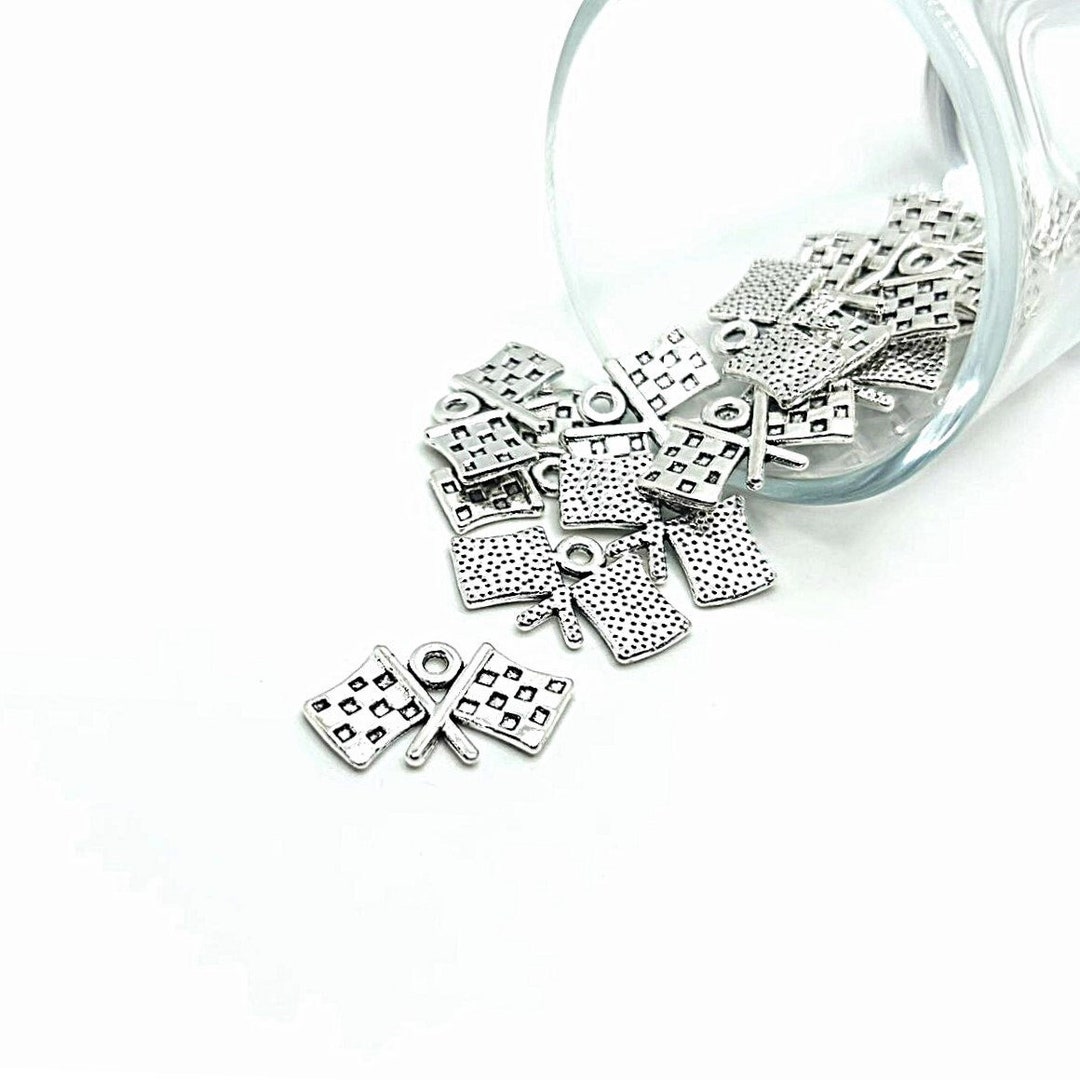 4, 20, or 50 BULK Silver Checkered Flag Charm, Racing Charm, Finish ...