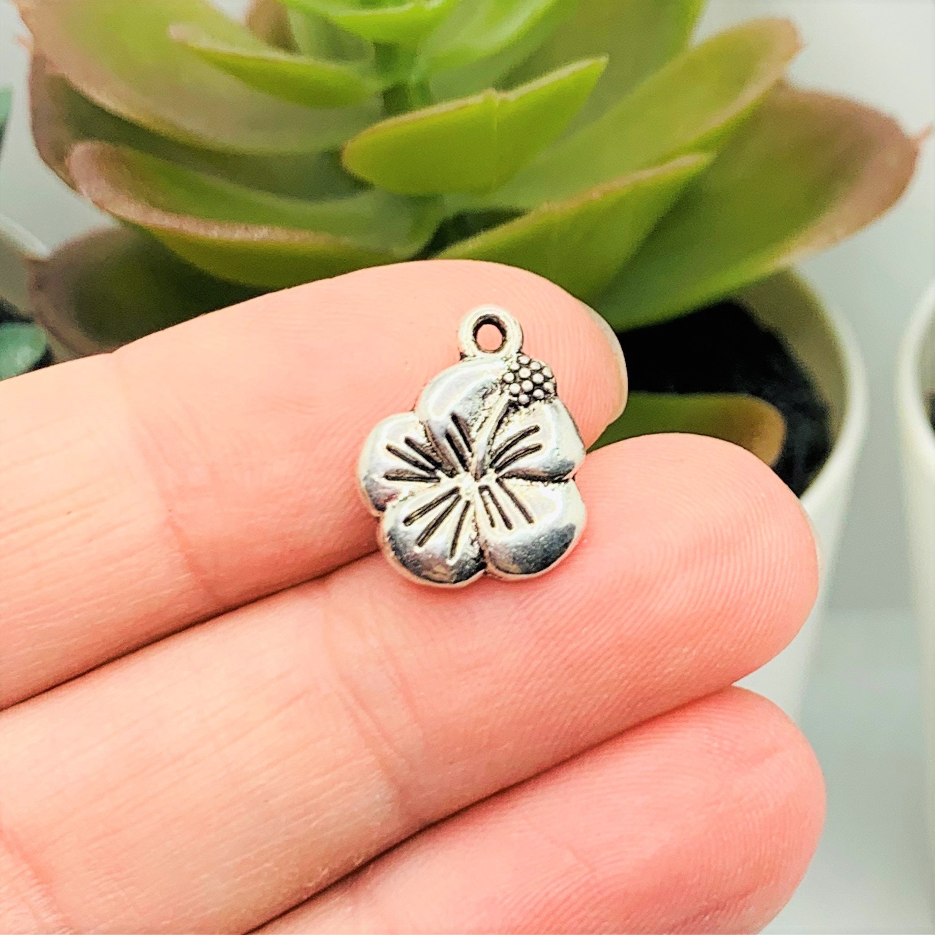 4, 20 or 50 BULK Hibiscus Flower Charms, Silver Tropical Hawaiian Charm ...
