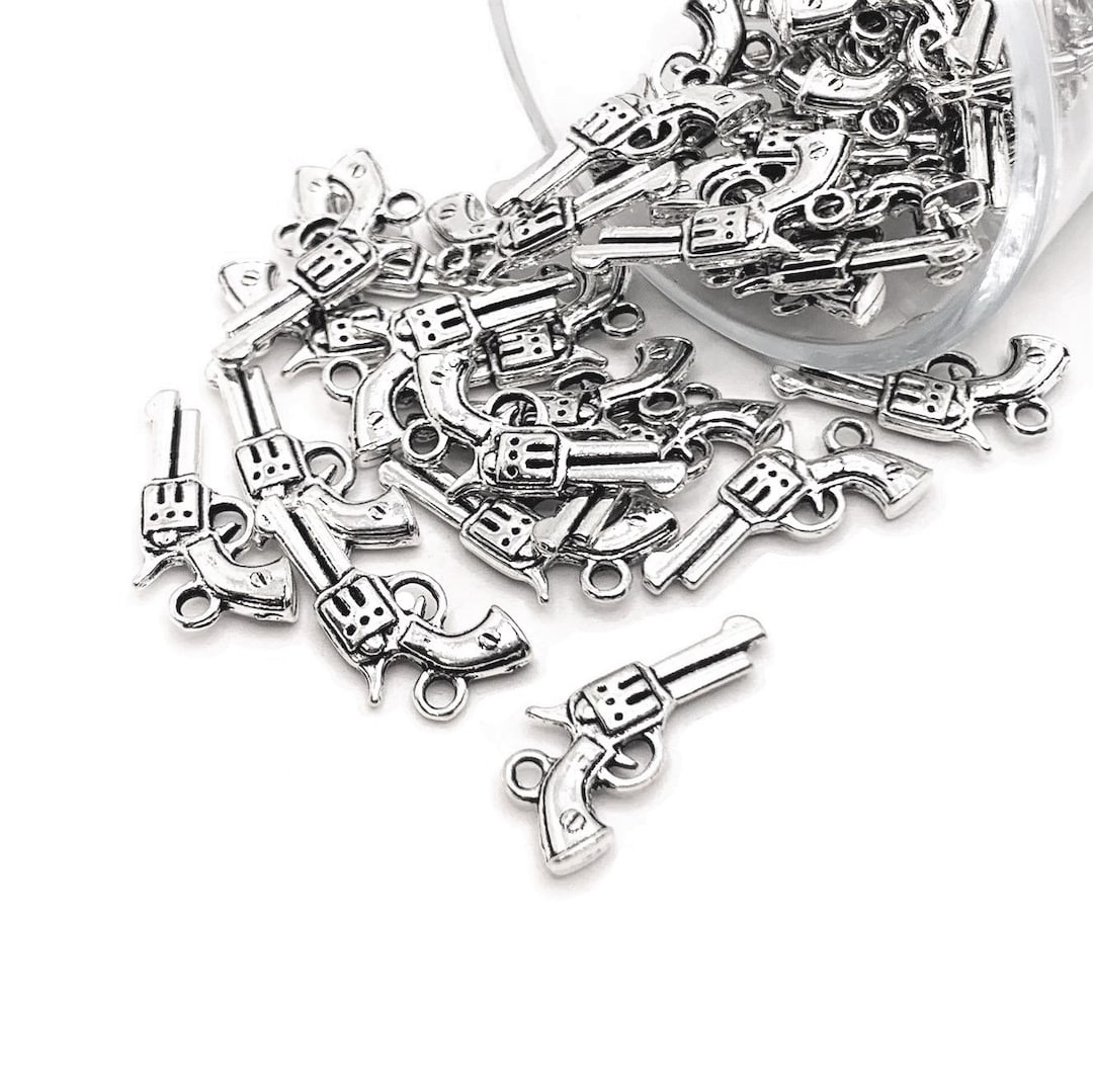 4, 20, or 50 BULK Six Shooter Gun Charms, Antique Silver, NRA, Revolver ...