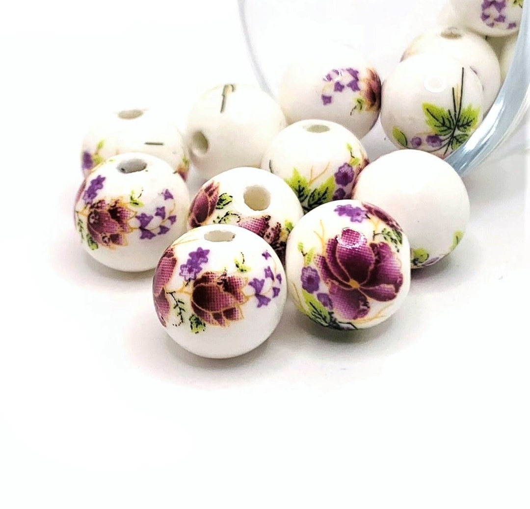 4, 20 or 50 BULK Flower Beads, Purple and White Ceramic Bead, Vintage ...
