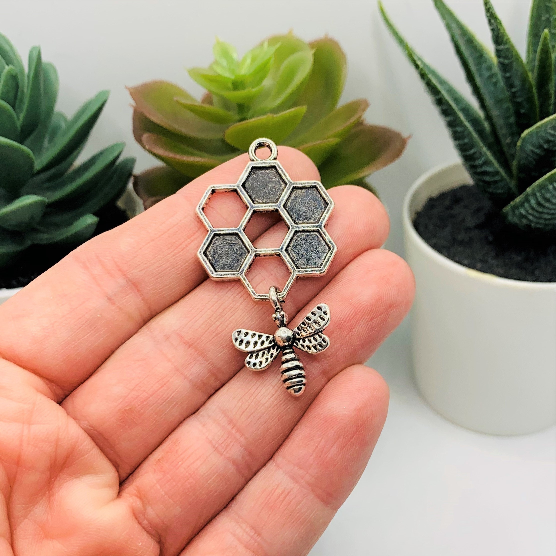 4 or 20 BULK Honeycomb Charms With Hanging Bee, Silver Charm, Save the ...