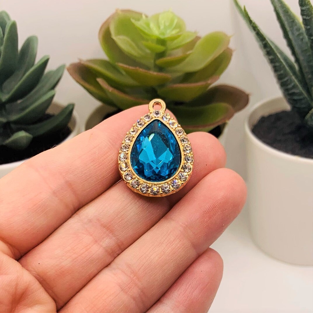 2 Light Blue Diamond and Gold Teardrop Charms Large | Etsy