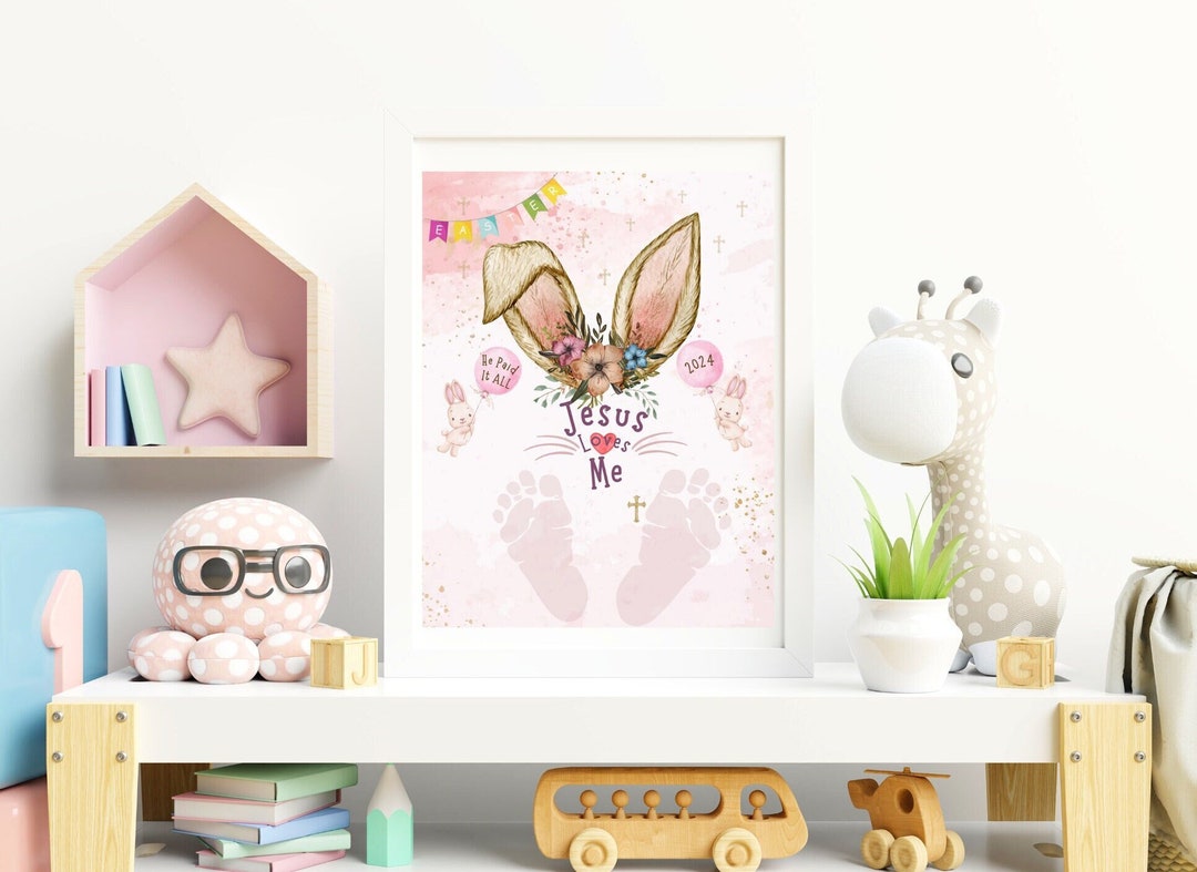 Christian Footprint Art Print, Watercolor Vintage Easter Bunny Wall ...