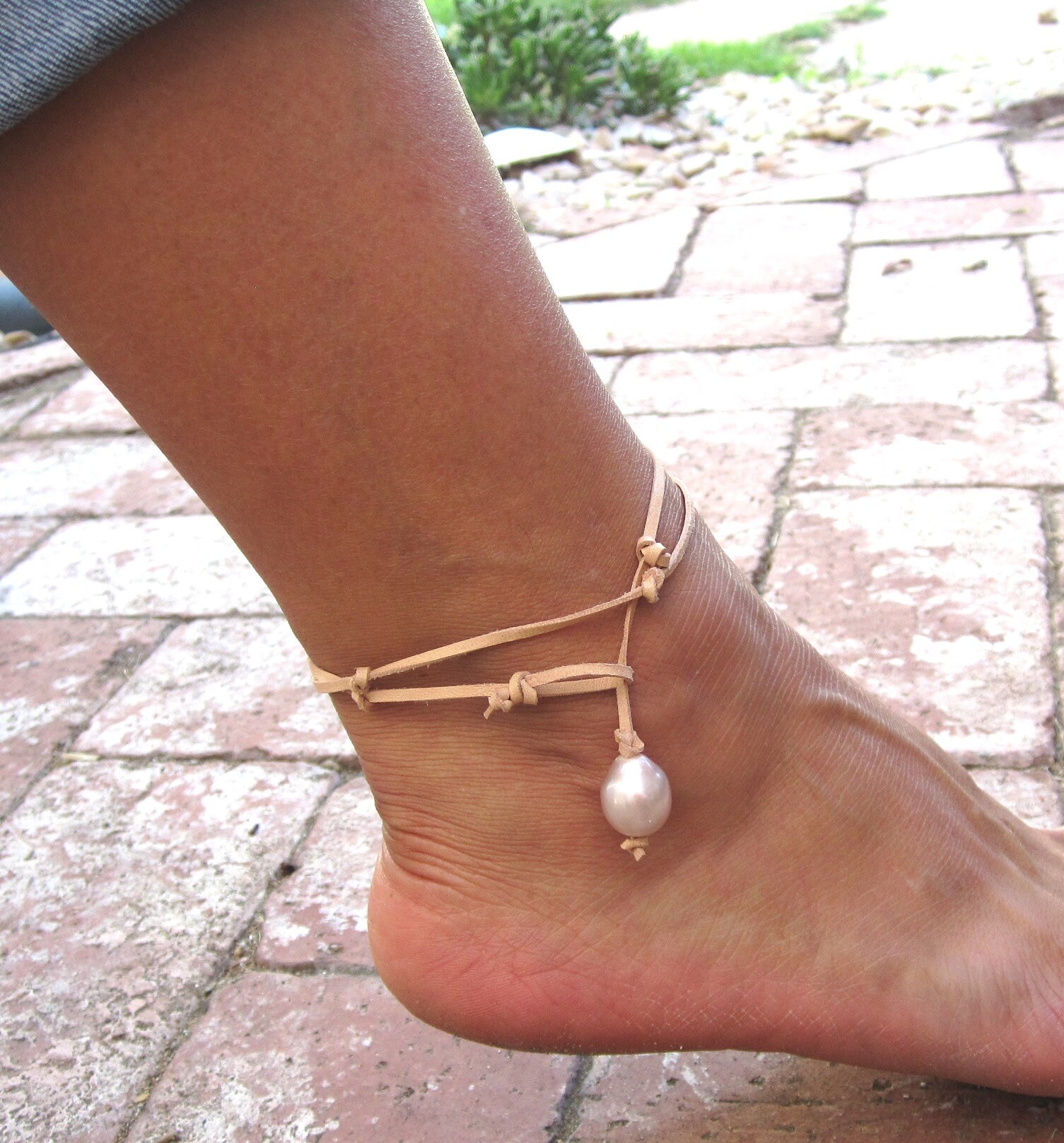 Freshwater Pearl Anklet, Pearl Anklet, Leather Pearl Anklet, Wrap ...