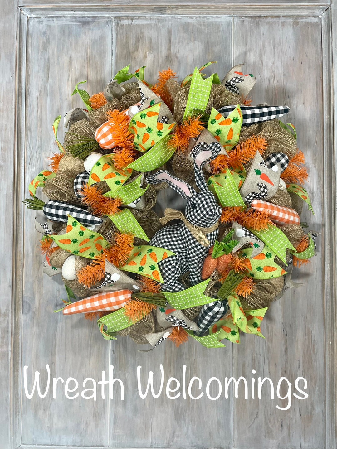 Spring Easter Bunny Wreath With Black and White Buffalo Check Rabbit ...