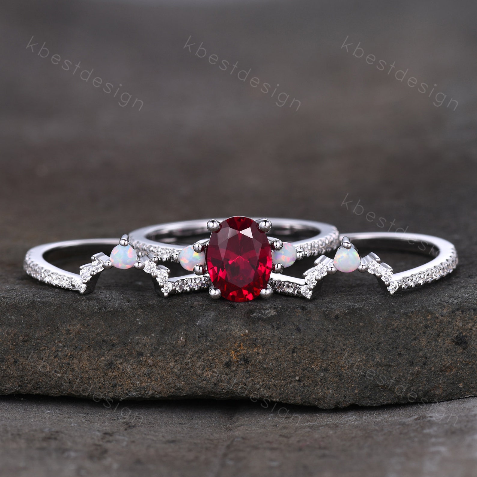 Vintage 3PCS Ruby Bridal Set/ Oval Ruby Engagement Ring Set/ - Etsy