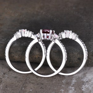 Vintage 3PCS Ruby Bridal Set/ Oval Ruby Engagement Ring Set/ Curved ...