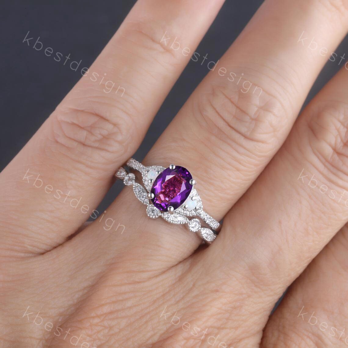 Purple Amethyst Ring Vintage Engagement Ring Set Rose Gold | Etsy