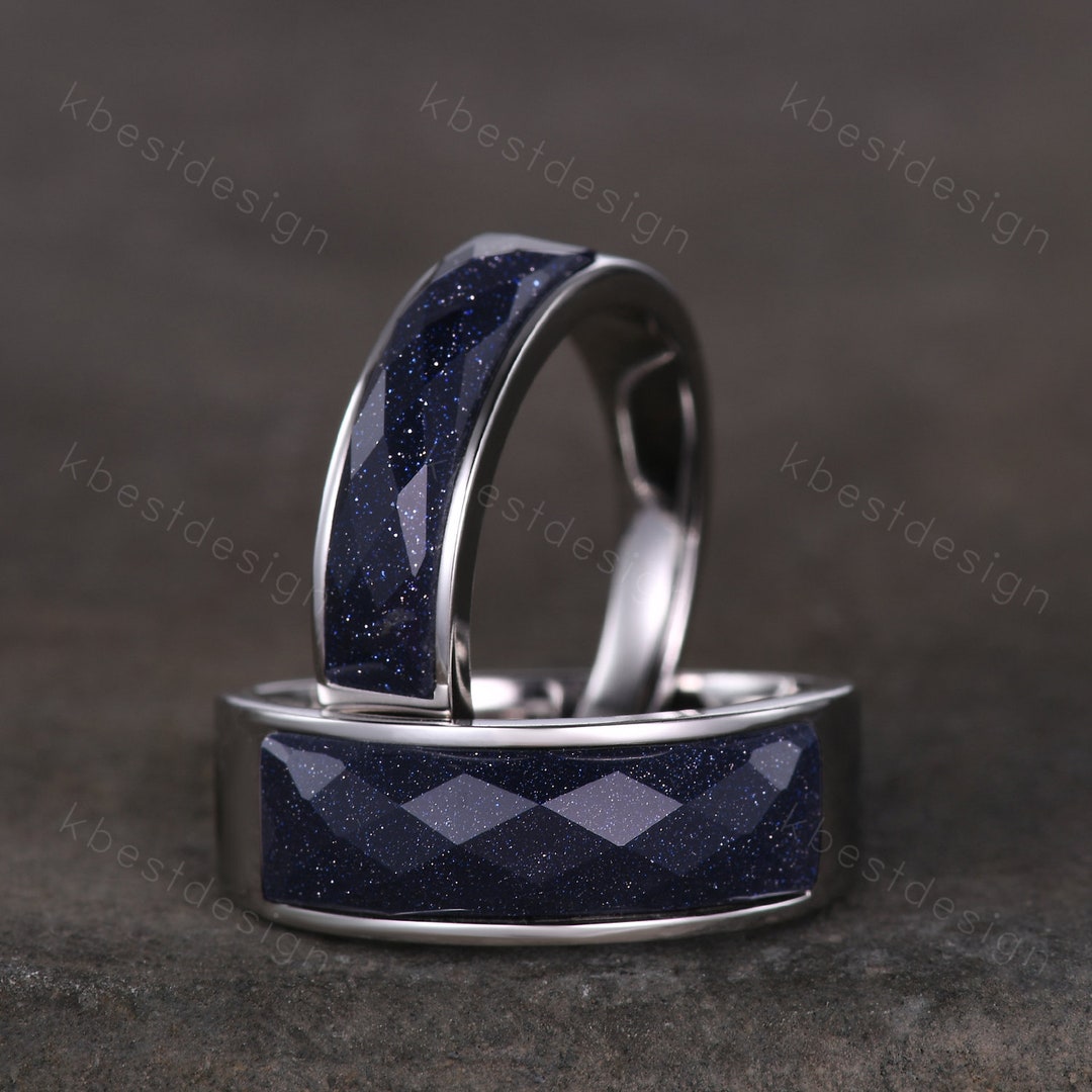 Nebula Blue Sandstone Couples Ring Set Sterling Silver His and Her ...