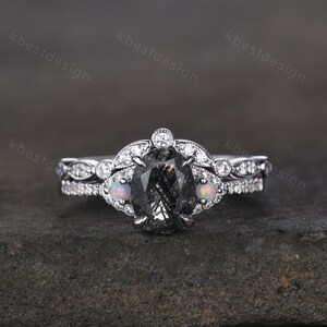 Vintage Black Rutilated Quartz Engagement Ring 14k Rose Gold Oval Cut ...