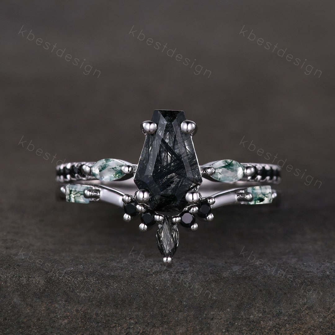 Coffin Shaped Black Rutilated Quartz Engagement Ring Set Unique Curved ...