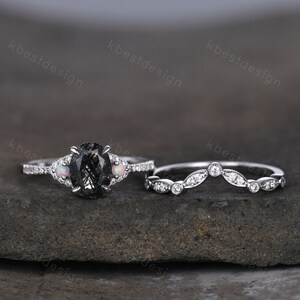 Vintage Black Rutilated Quartz Engagement Ring 14k Rose Gold Oval Cut ...
