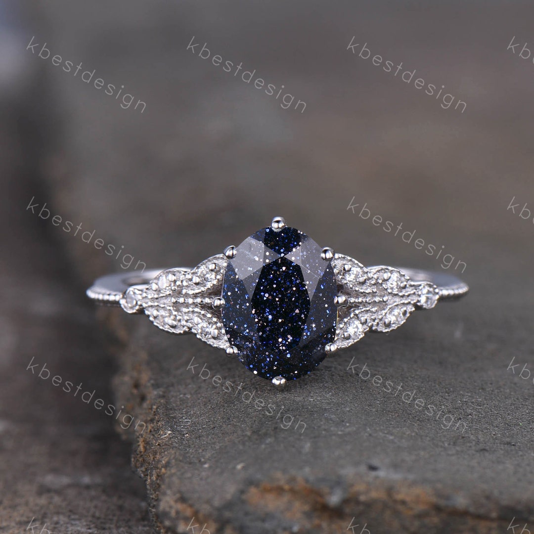 Galaxy Sandstone Ring Oval Blue Sandstone Engagement Ring Sterling ...