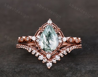 Marquise Cut Moissanite Engagement Ring Set Vintage Moss Agate Wedding Band Rose Gold Cluster ...