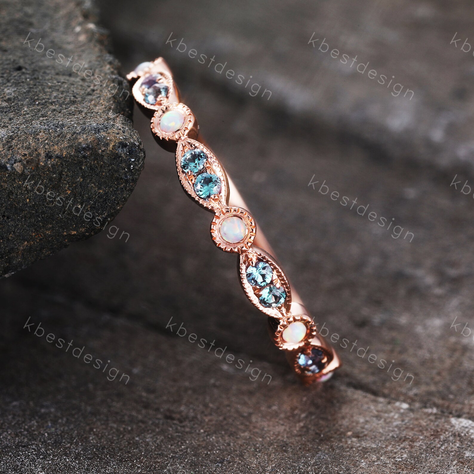 Alexandrite Opal Wedding Band Half Eternity Wedding Band Art | Etsy