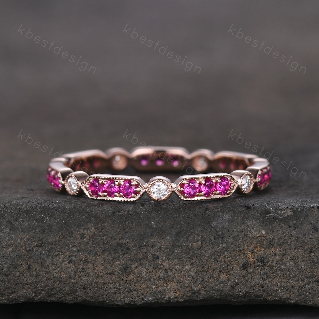Vintage Ruby Wedding Band Rose Gold Ruby Moissanite Wedding Ring Unique ...