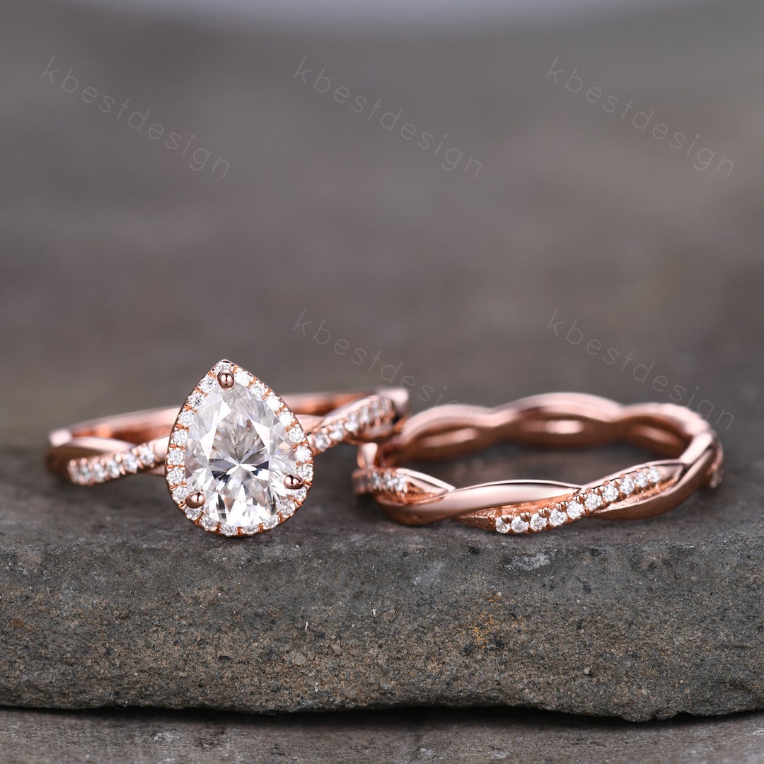 Twisted Pear Shaped Moissanite Engagement Ring Set 6x8mm Teardrop 1.5CT ...