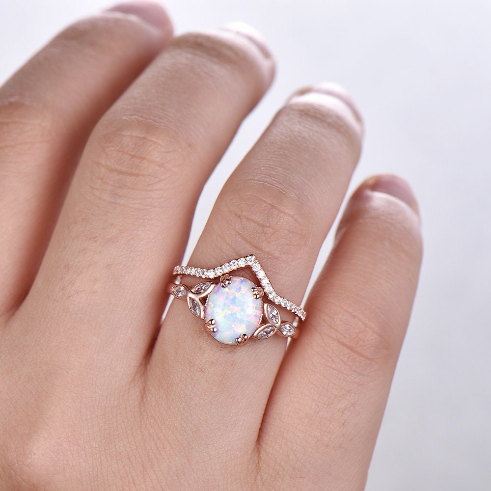 Opal Wedding Ring Set Opal Ring White Fire Opal Floral - Etsy