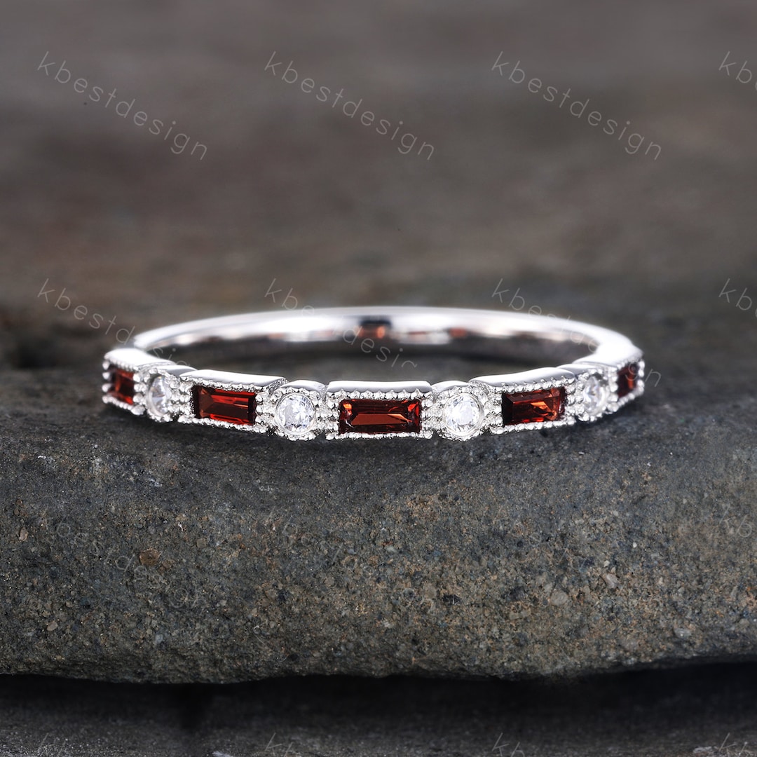 Garnet Ring, Baguette Garnet Wedding Band, Art Deco Half Eternity Band ...