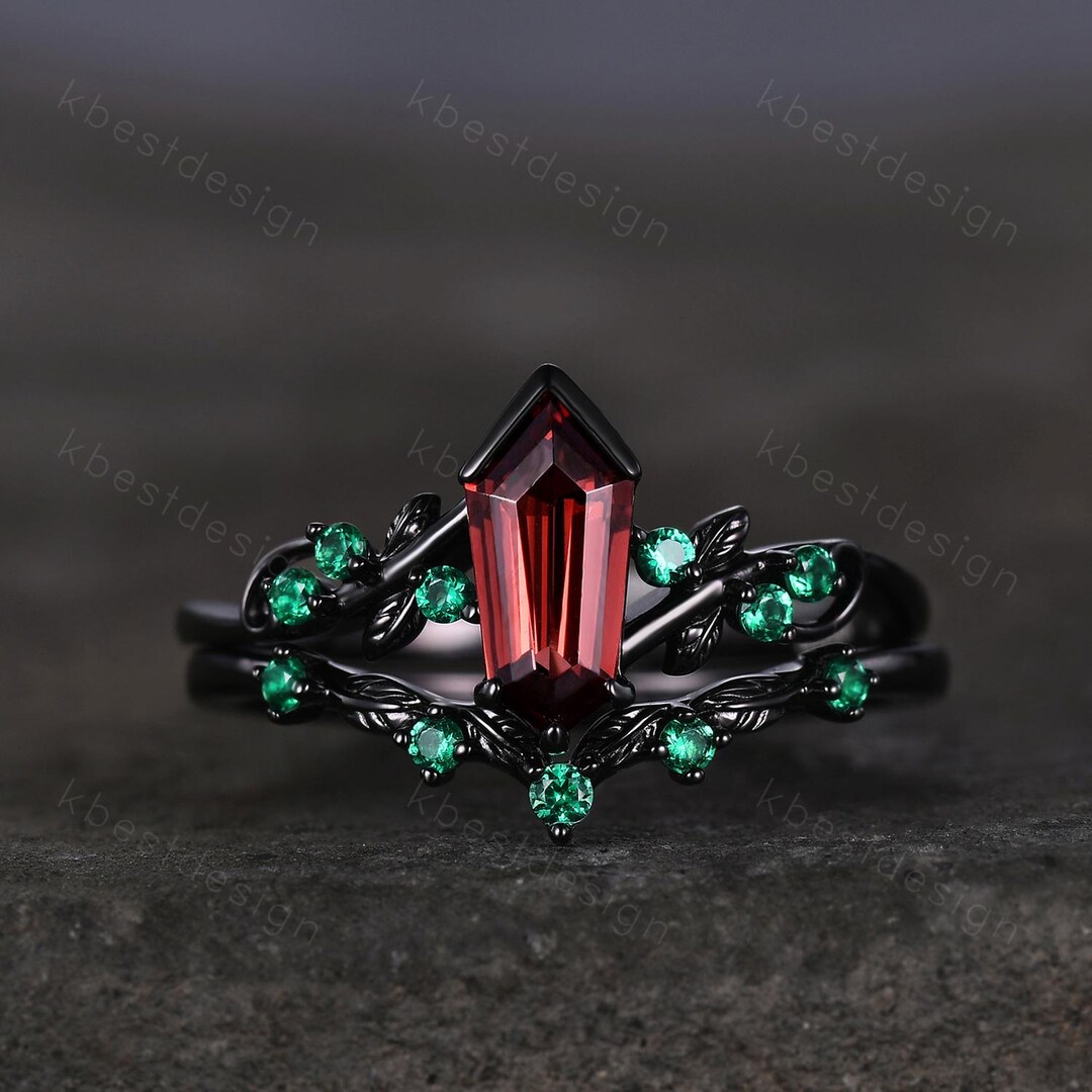 Vintage Garnet Engagement Ring Set Black Gold Twig Leaf Emerald Ring ...