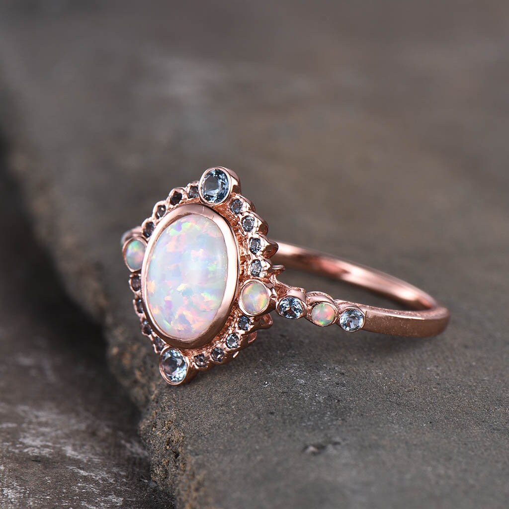 Rose Gold Opal Ring White Opal Engagement Ring Vintage Opal | Etsy