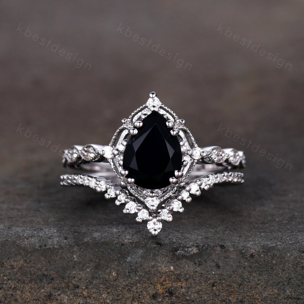 Black Onyx Wedding Ring Set, Pear Black Onyx Engagement Bridal - Etsy