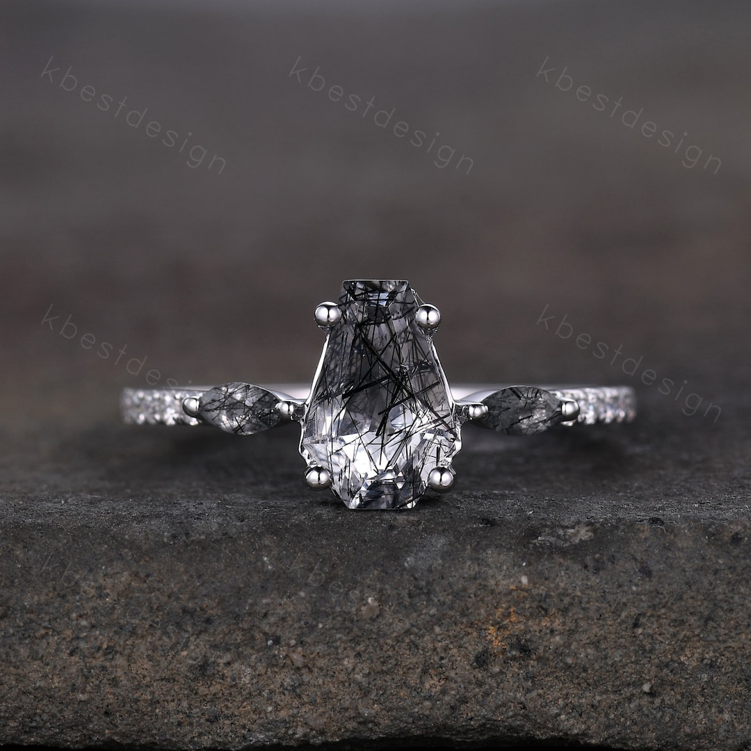 Vintage Coffin Cut Black Rutilated Quartz Engagement Ring Marquise Cut ...