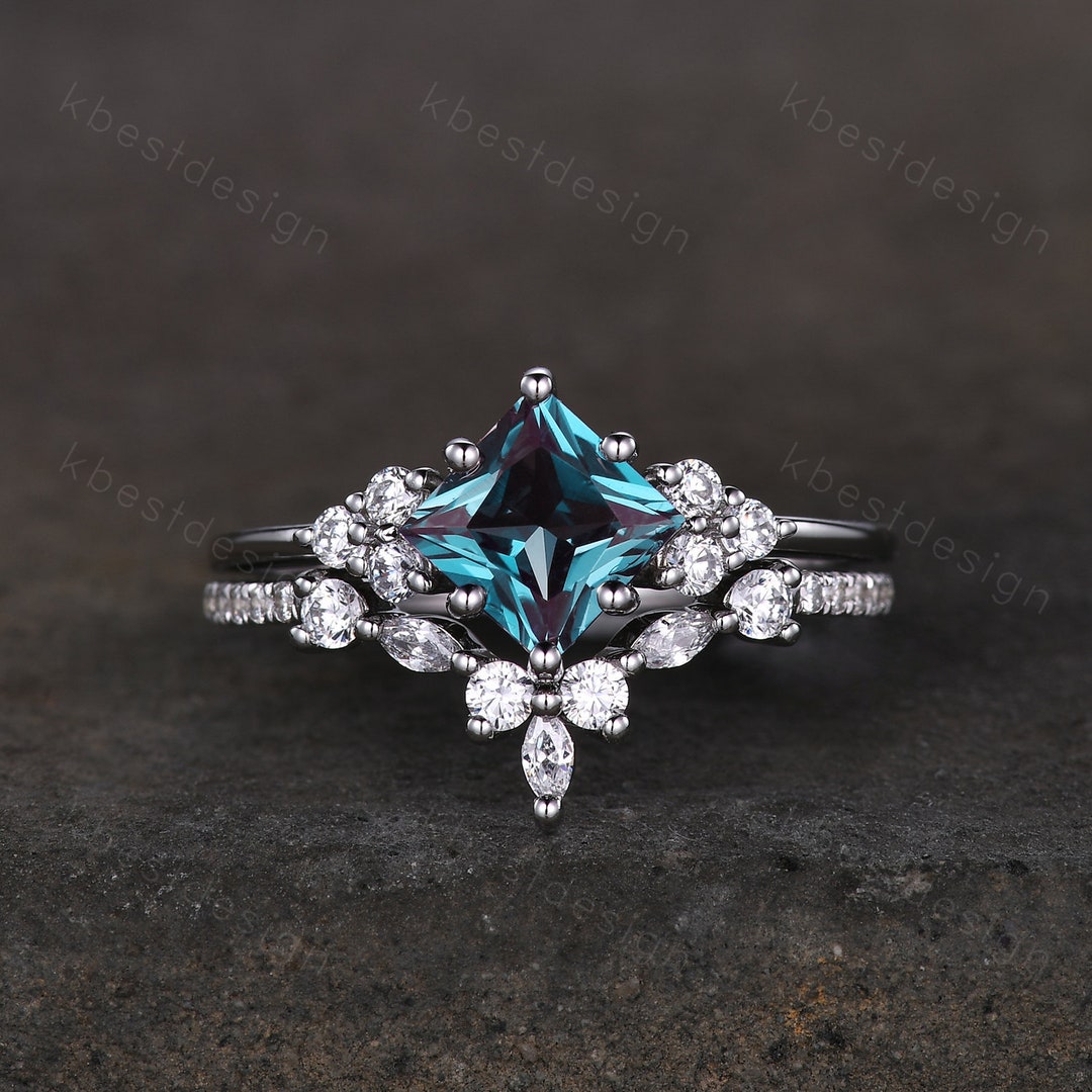 Vintage Alexandrite Engagement Ring Set Princess Cut Ring Art Deco ...
