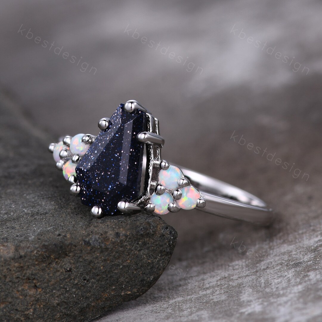 Galaxy Blue Sandstone Engagement Ring Antique Coffin Shaped Ring Unique ...