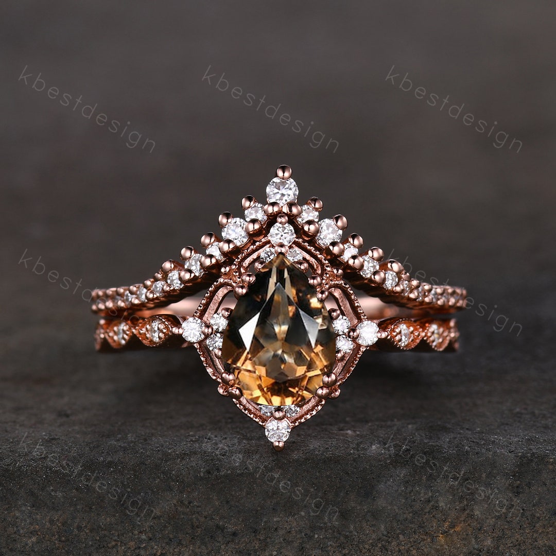 Vintage Smoky Quartz Engagement Ring Rose Gold Ring Art Deco Curved Stacking Band Pear Cut ...