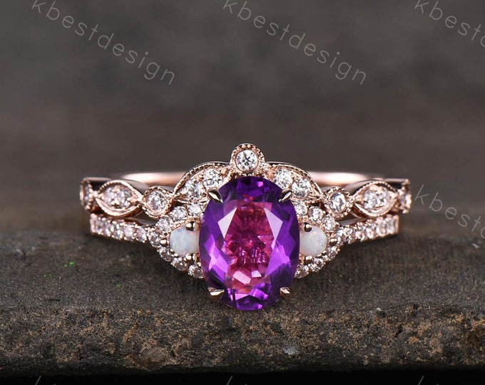 Purple Amethyst Ring Vintage Engagement Ring Set Rose Gold - Etsy