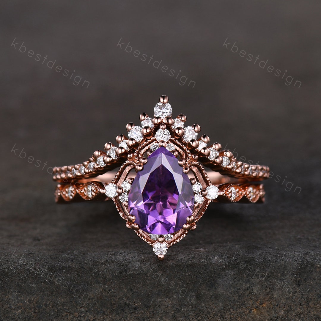 14K Rose Gold Amethyst Engagement Ring Set Vintage Pear Amethyst Bridal ...