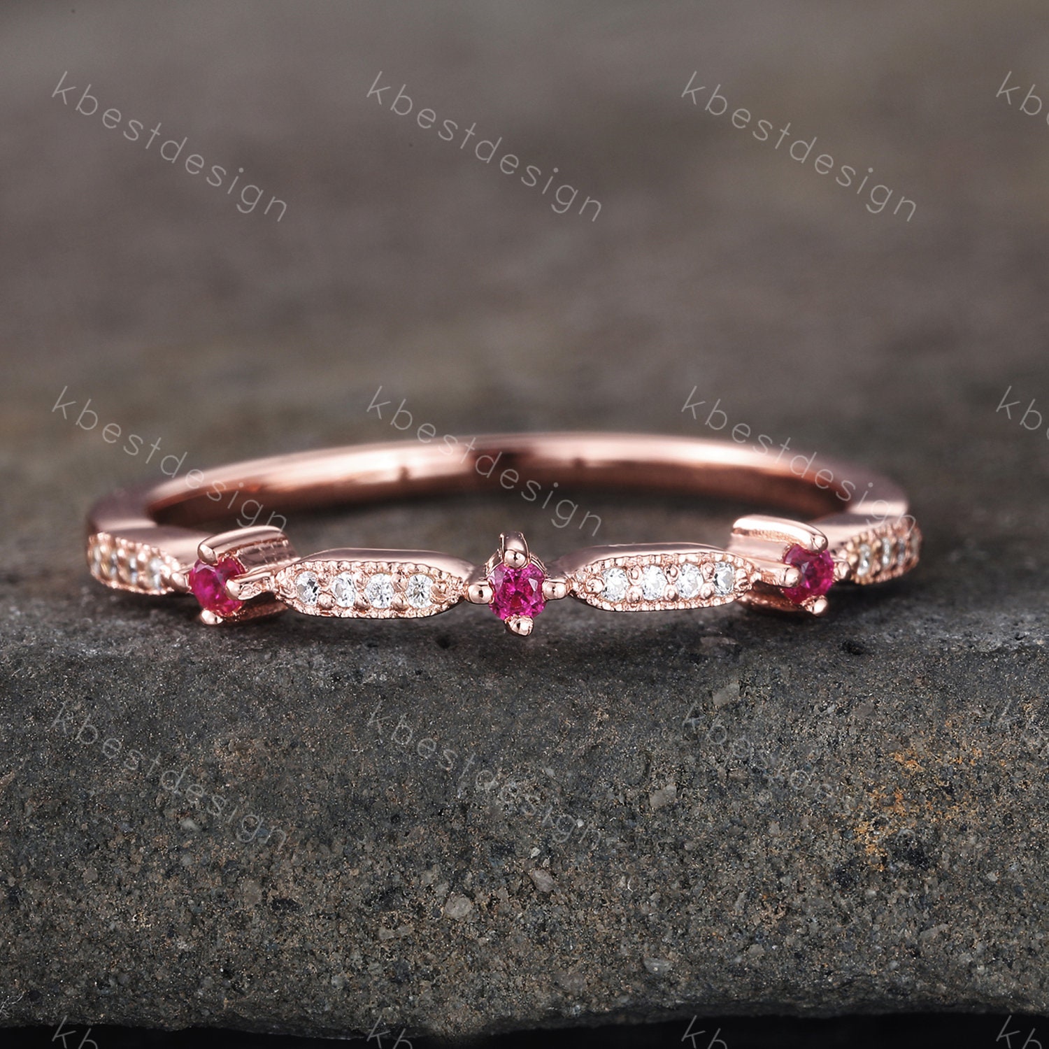 Delicate Ruby Wedding Band Ruby & CZ Diamond Wedding Band Half | Etsy