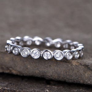 Bezel Set Diamond Eternity Band Sterling Silver CZ Wedding Ring Bubble Stackable Ring Matching ...