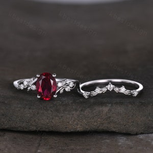 Vintage Oval Ruby Engagement Ring Set Silver Ring Twig Leaf Moissanite Ring Nature Branch Ring ...