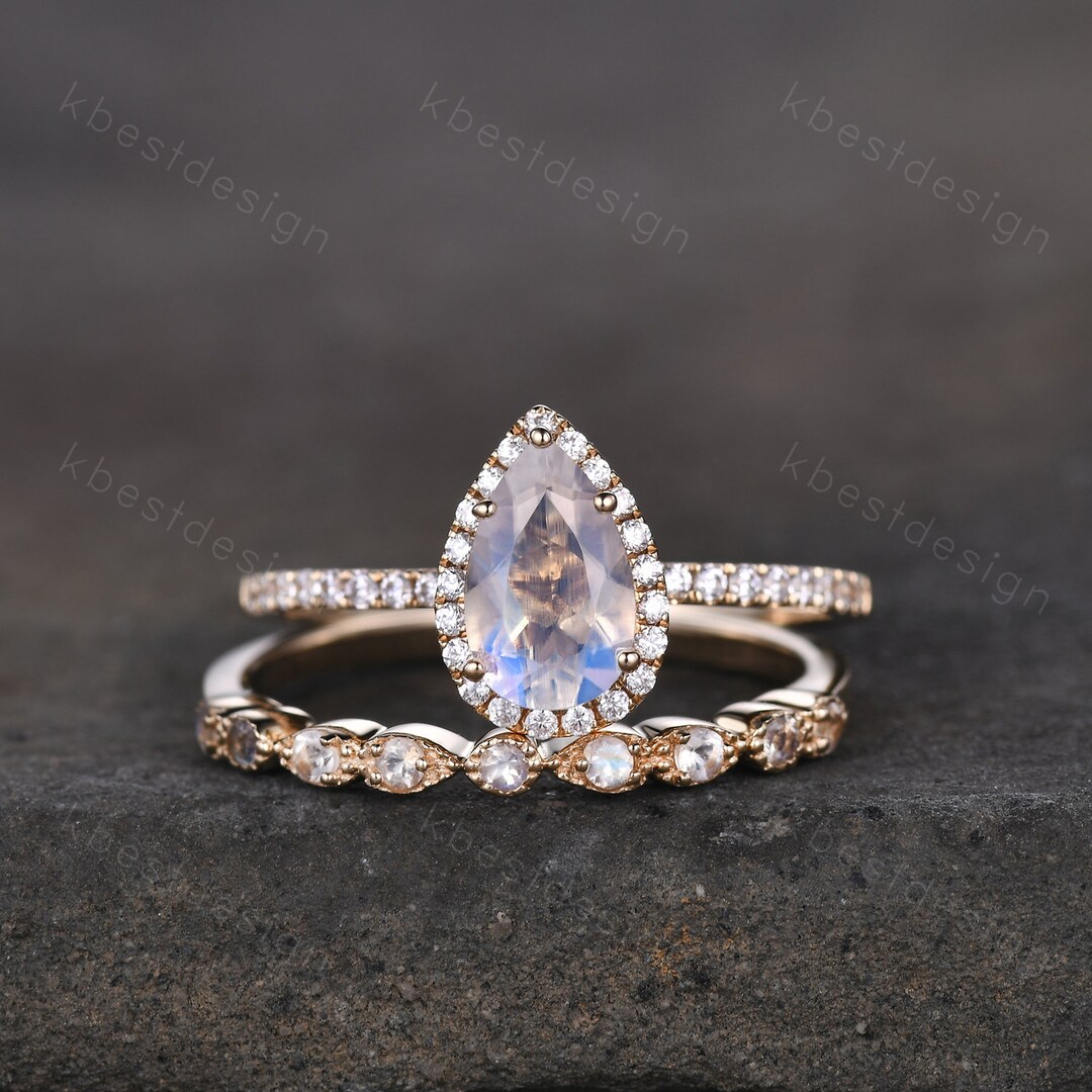 Pear Shaped Moonstone Engagement Ring Set Solid 14k Yellow Gold Ring ...