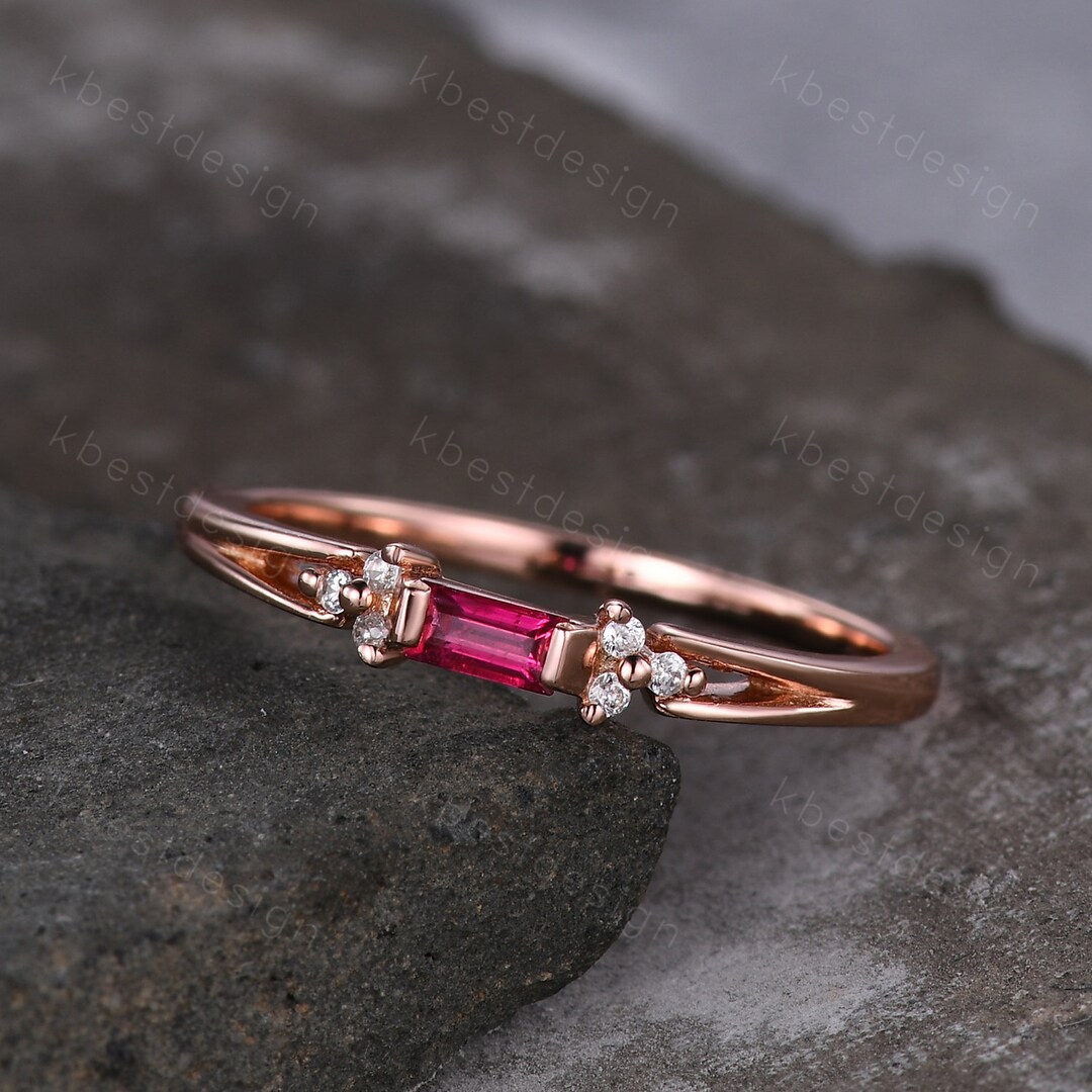 Baguette Cut Ruby Wedding Band Delicate Rose Gold Wedding Band Unique Moissanite Cluster Ring ...