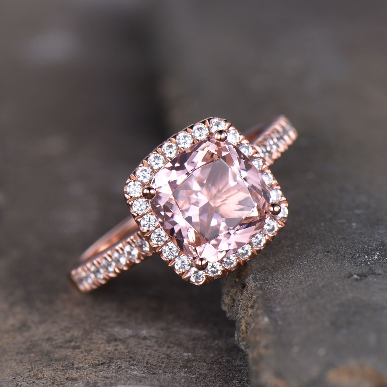 Pink Morganite Ring 8mm Cushion Morganite Engagement Ring Halo Ring ...