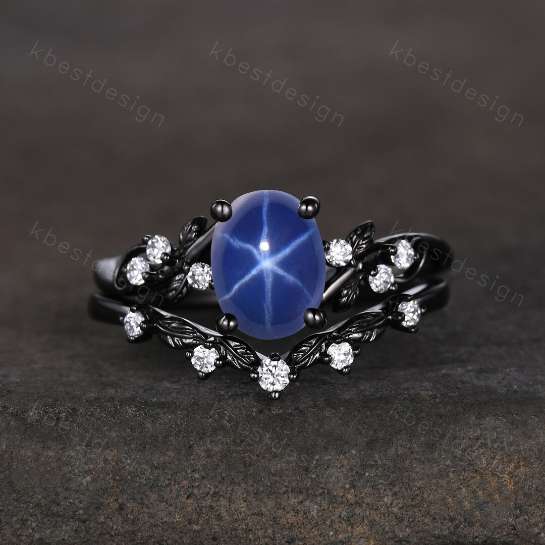 Star Sapphire Engagement Ring Set Oval Cut Galaxy Crystal Engagement ...
