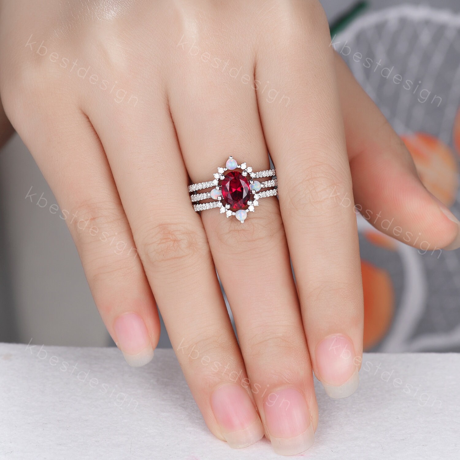 Vintage 3PCS Ruby Bridal Set/ Oval Ruby Engagement Ring Set/ - Etsy