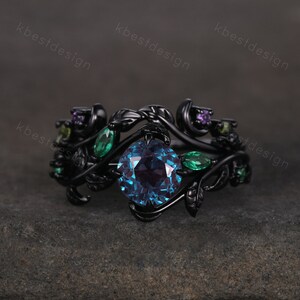 Vintage Round Cut Alexandrite Engagement Ring Black Gold Art Deco ...
