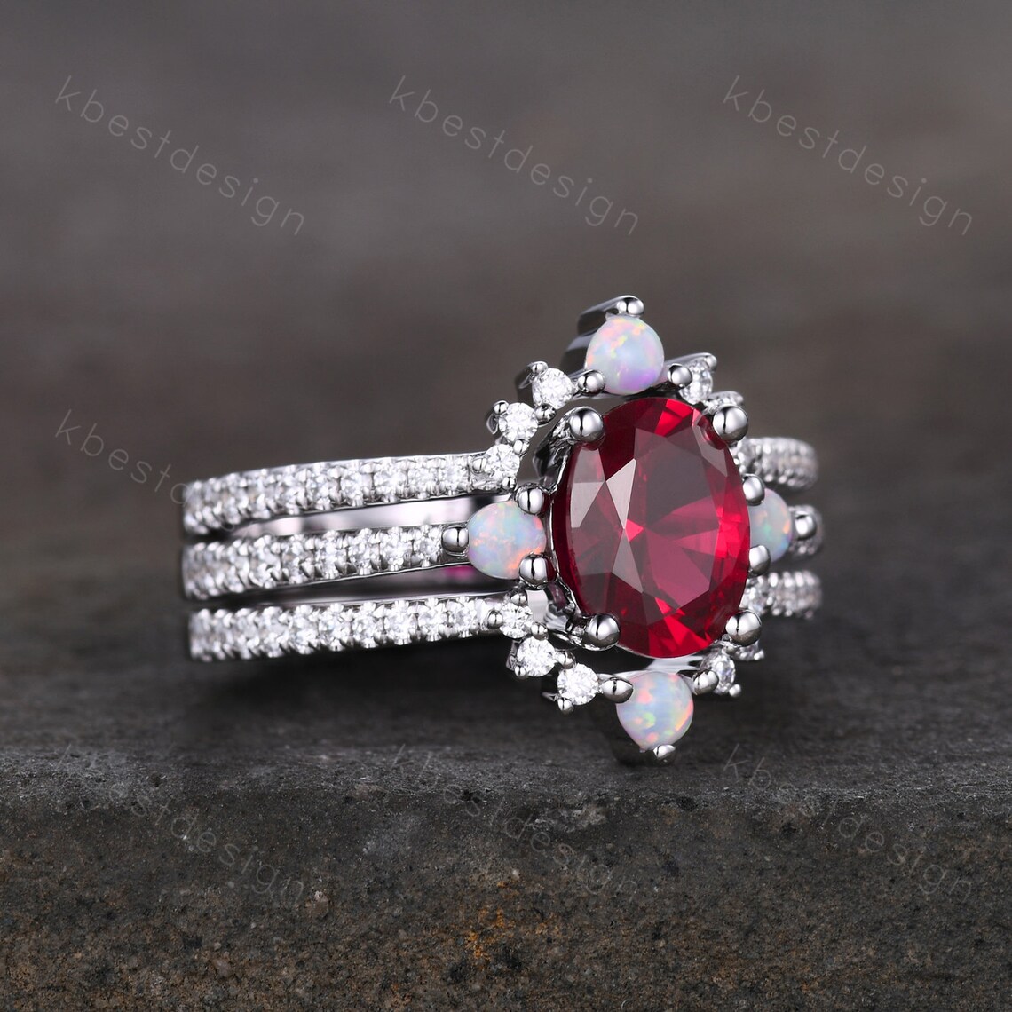 Vintage 3PCS Ruby Bridal Set/ Oval Ruby Engagement Ring Set/ - Etsy