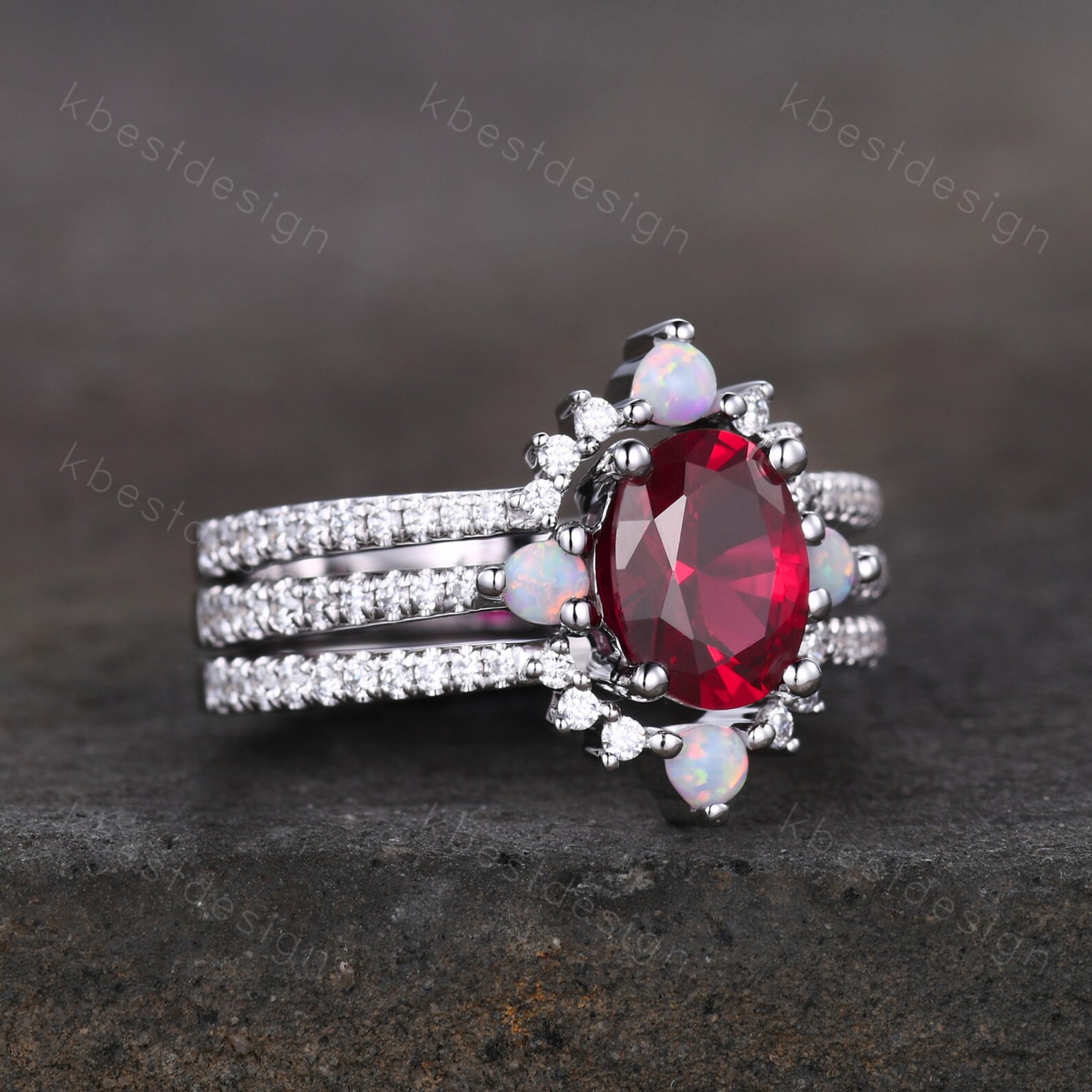 Vintage 3PCS Ruby Bridal Set/ Oval Ruby Engagement Ring Set/ - Etsy